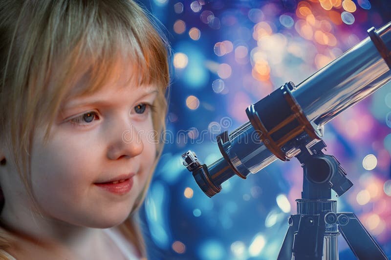 Young Girl Looking Curiously at a Telescope. Stock Image - Image of ...