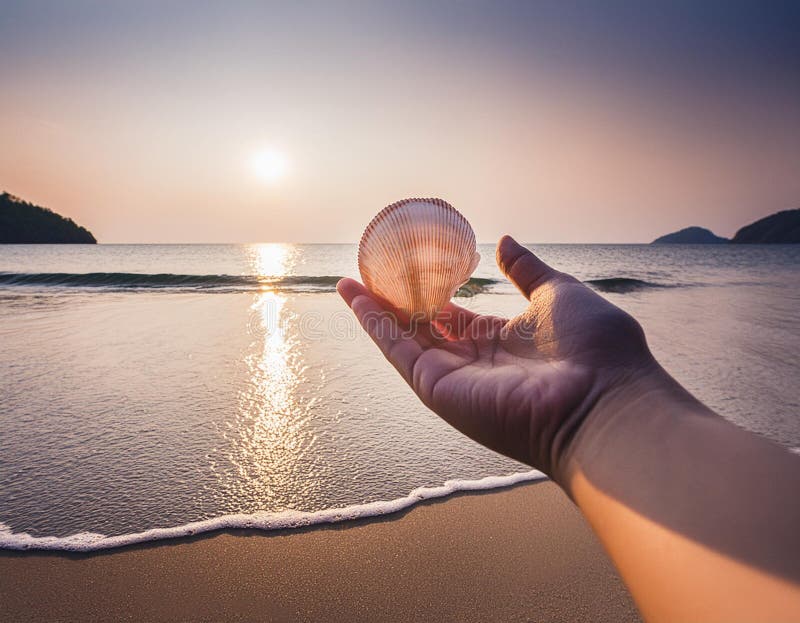 Seaside Treasure: Hand Holding a Shell at the Beach Stock Illustration ...