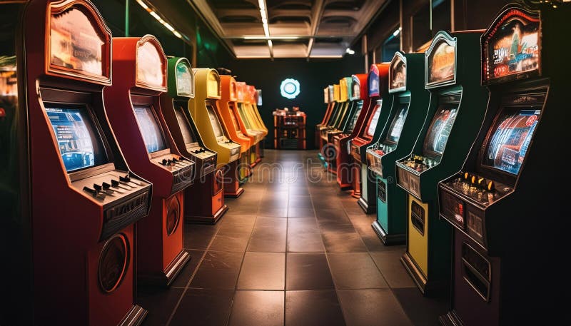 Classic Game Machines in an Old-school Arcade Stock Illustration ...