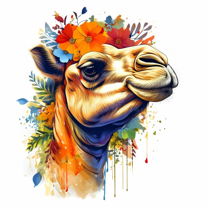 Colorful Camel with Flowers Designs on Clean Background. Wildlife ...