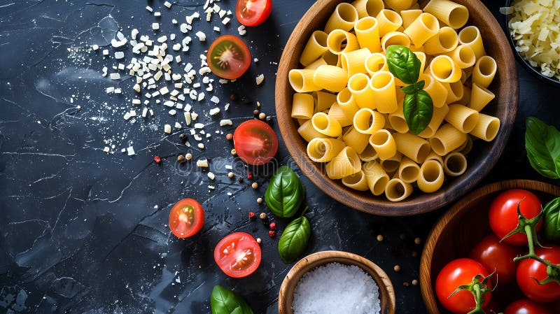 Pile of Raw Ditalini Ditali Pasta in Wooden Bowl with Ingredients ...
