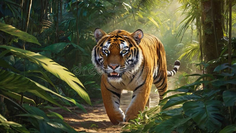 Tiger Prowling through a Dense Jungle Stock Illustration - Illustration ...