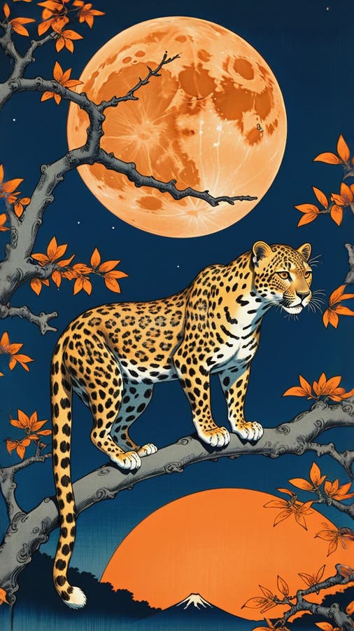 Leopard Perched Under Full Moon Stock Illustration - Illustration of ...