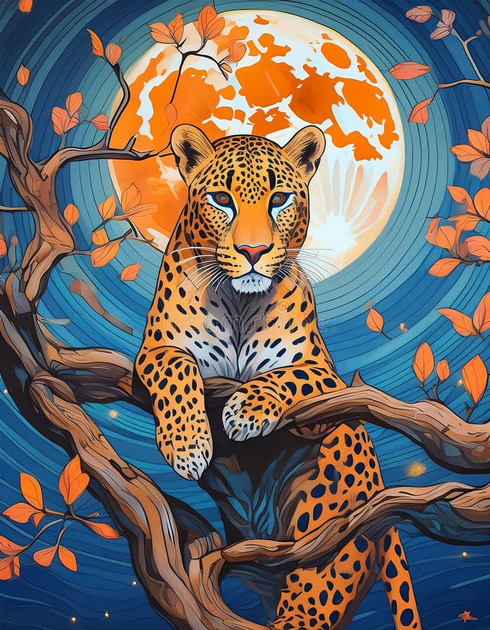 Majestic Leopard Under the Autumn Moon Stock Illustration ...