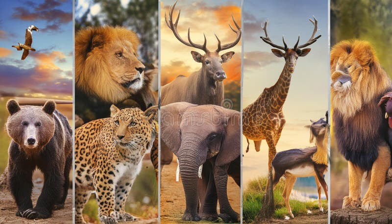 Animals Collage with Various Wild Animals. Stock Illustration ...