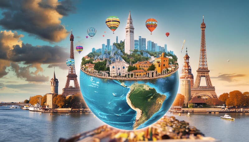World View. a Worlds Famous Views Collages Stock Illustration ...