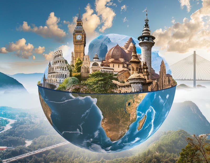 World View. a Worlds Famous Views Collages Stock Illustration ...
