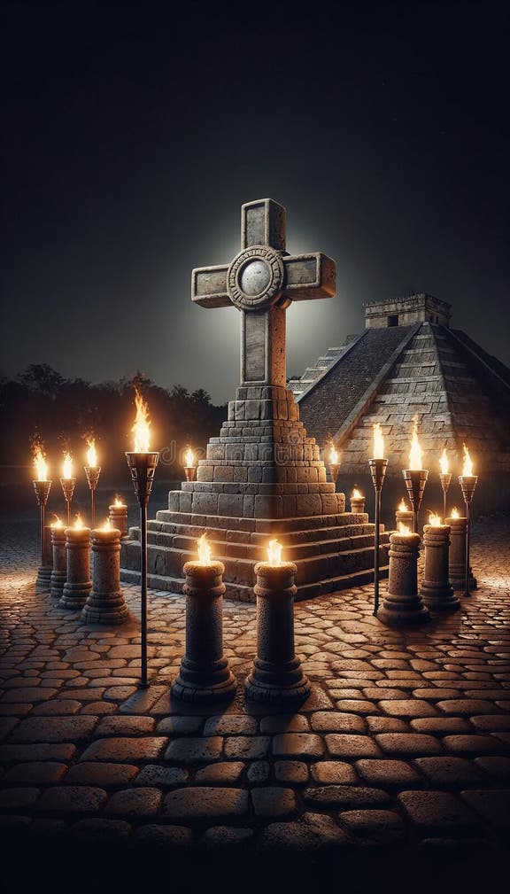 Time of the Mexican Conquest, Catholic Stone Cross with Torches and an ...