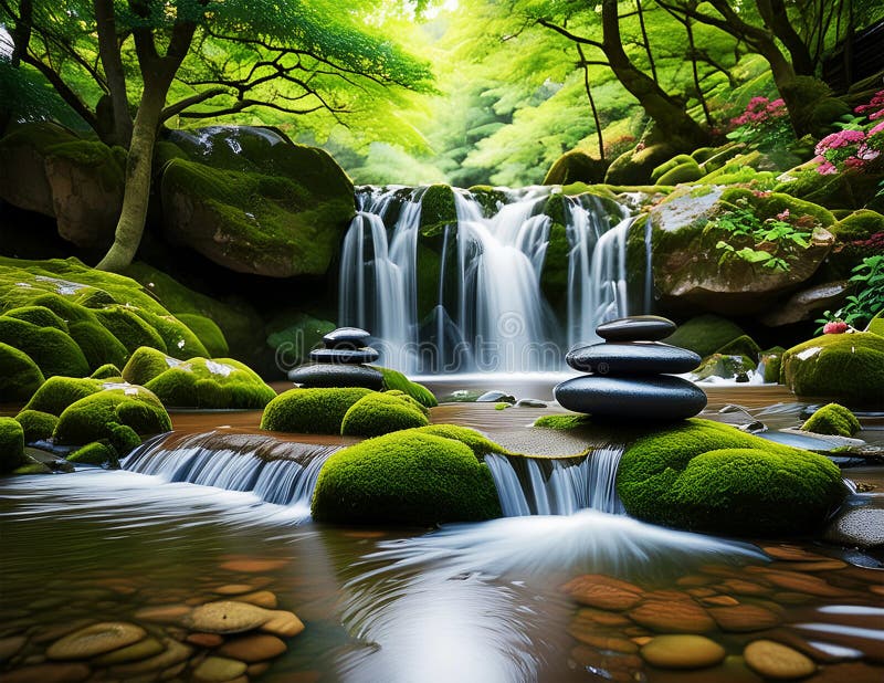 Zen Waterfall with Rocks Trees and Flowers Stock Illustration ...