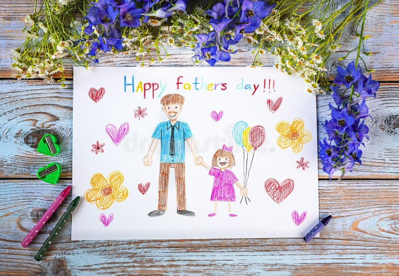 Children S Drawing: Father and Daughter Holding Hands. a Bouquet of ...