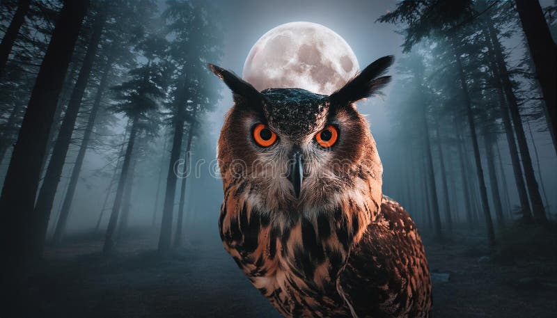 Angry Eagle Owl at Moonlight in the Spooky Forest - Halloween Scene ...
