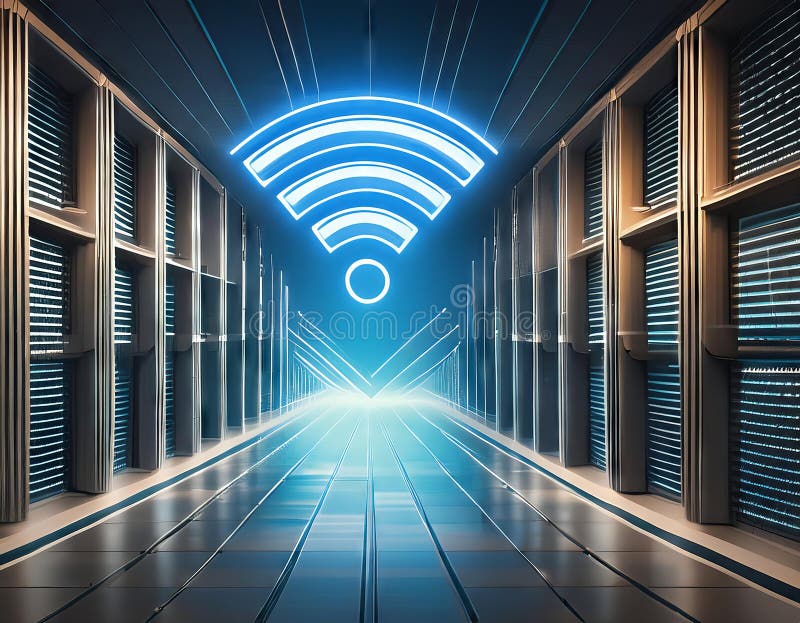Wireless Internet Connection in a Server Room. 3D Rendering Stock ...