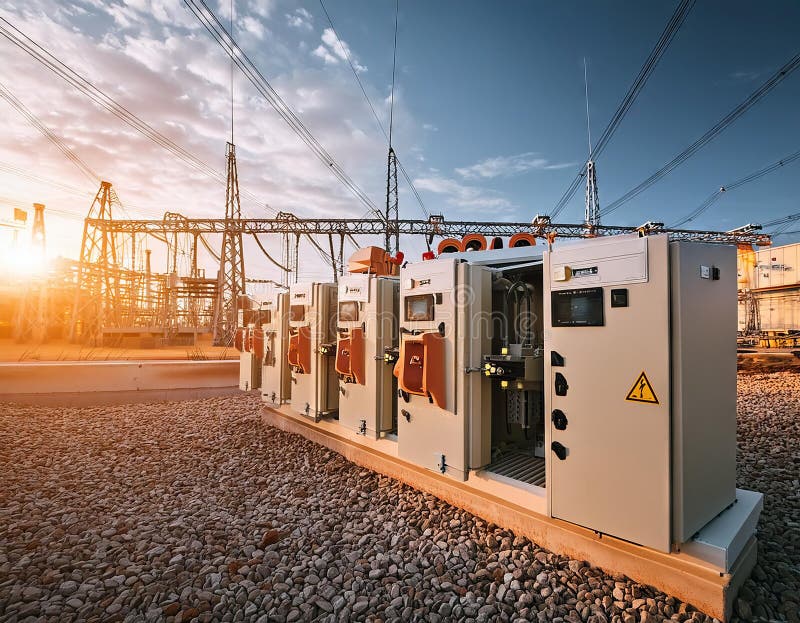 High Voltage Power Transformer Substation at Sunset. Energy ...