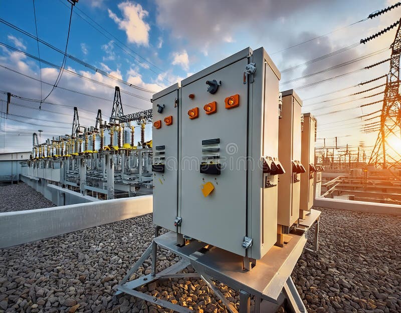 High Voltage Power Transformer Substation at Sunset. Energy ...