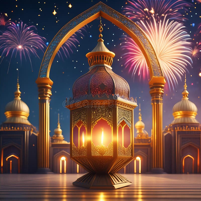 Ramadan Kareem Eid Mubarak Islamic Background with Fireworks in Mosque ...