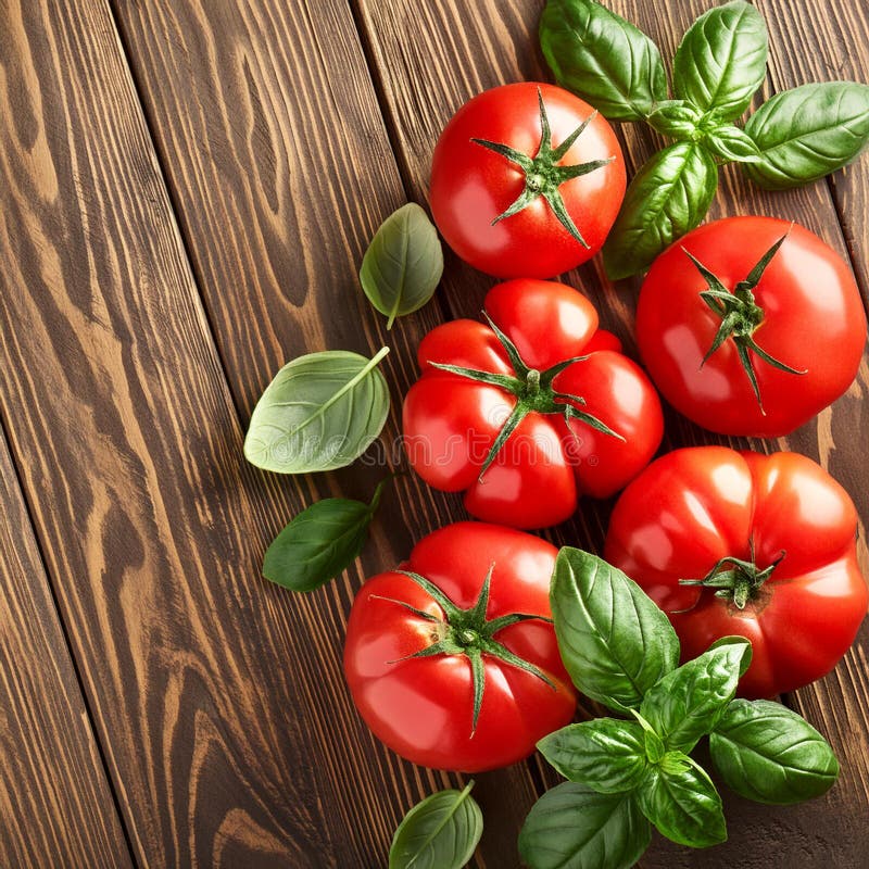 Fresh Ripe Garden Tomatoes and Basil on Wooden Table. Top View with ...