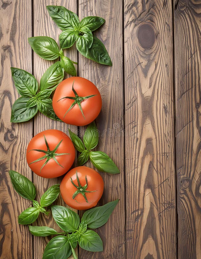 Fresh Ripe Garden Tomatoes and Basil on Wooden Table. Top View with ...
