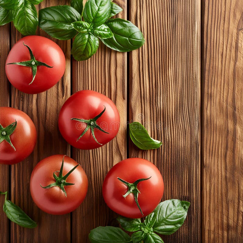 Fresh Ripe Garden Tomatoes and Basil on Wooden Table. Top View with ...