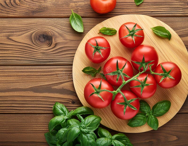 Fresh Ripe Garden Tomatoes and Basil on Wooden Table. Top View with ...