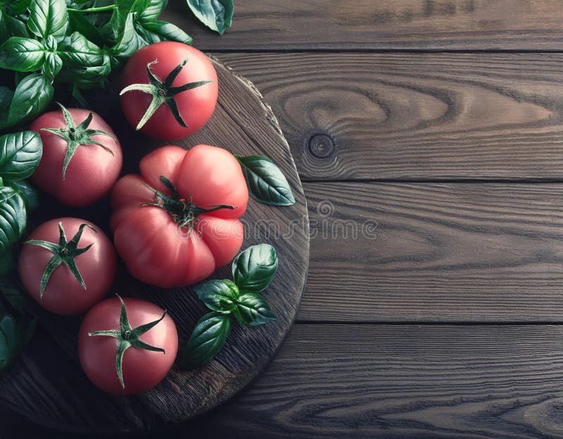 Fresh Ripe Garden Tomatoes and Basil on Wooden Table. Top View with ...