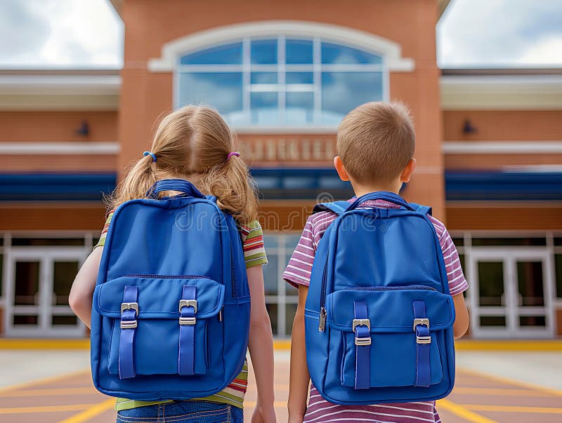 Children with Blue Backpacks. Brother and Sister Walking To School ...