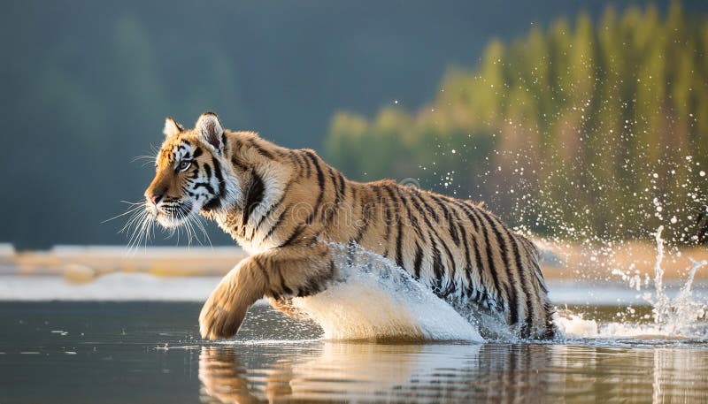 Siberian Tiger Running through Water Stock Illustration - Illustration ...