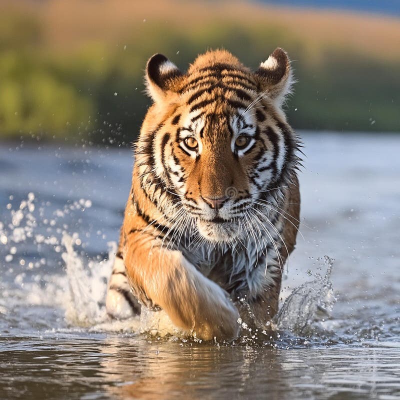 Siberian Tiger Running through Water Stock Illustration - Illustration ...