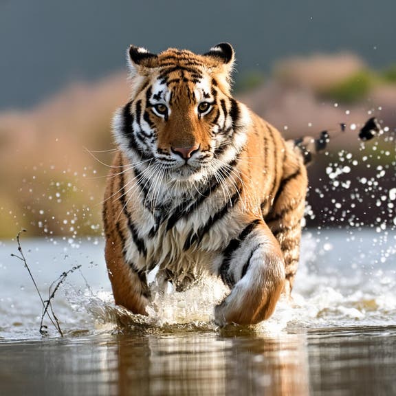 Siberian Tiger Running through Water Stock Illustration - Illustration ...