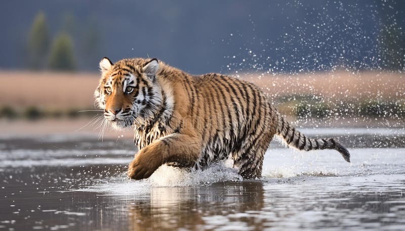 Siberian Tiger Running through Water Stock Illustration - Illustration ...