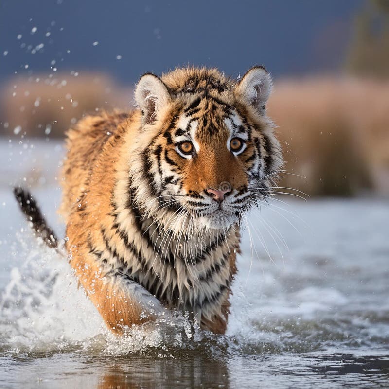 Siberian Tiger Running through Water Stock Illustration - Illustration ...