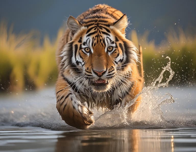 Siberian Tiger Running through Water Stock Illustration - Illustration ...