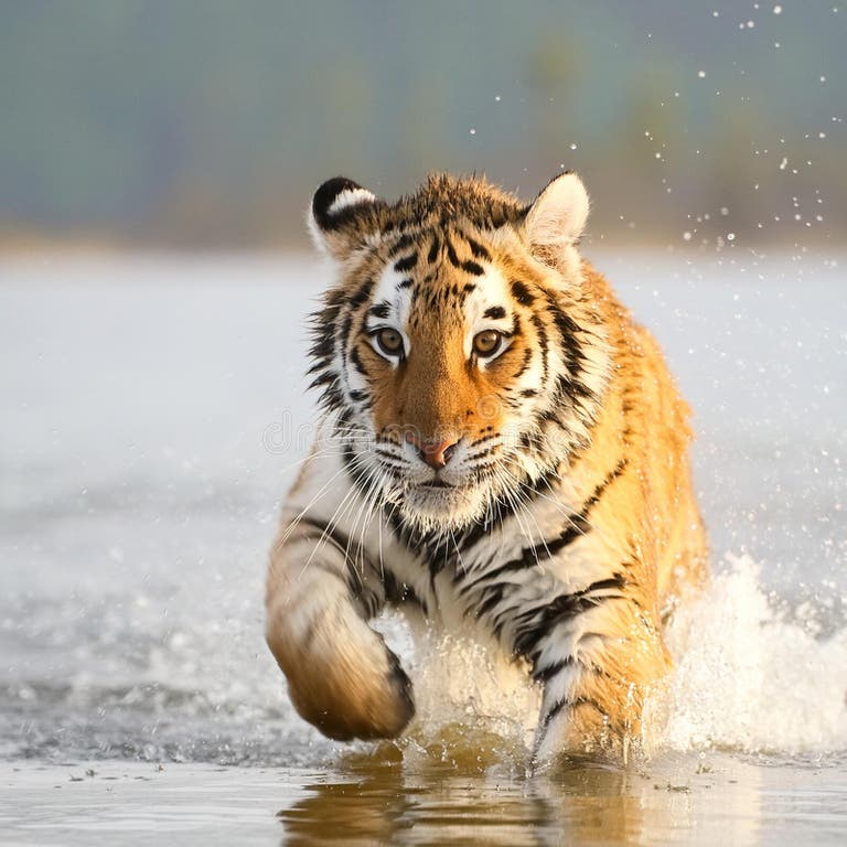 Siberian Tiger Running through Water Stock Illustration - Illustration ...