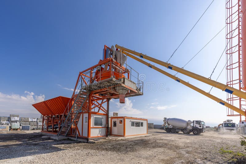 Concrete Batching Plant on Construction Site. Trucks Loading at ...