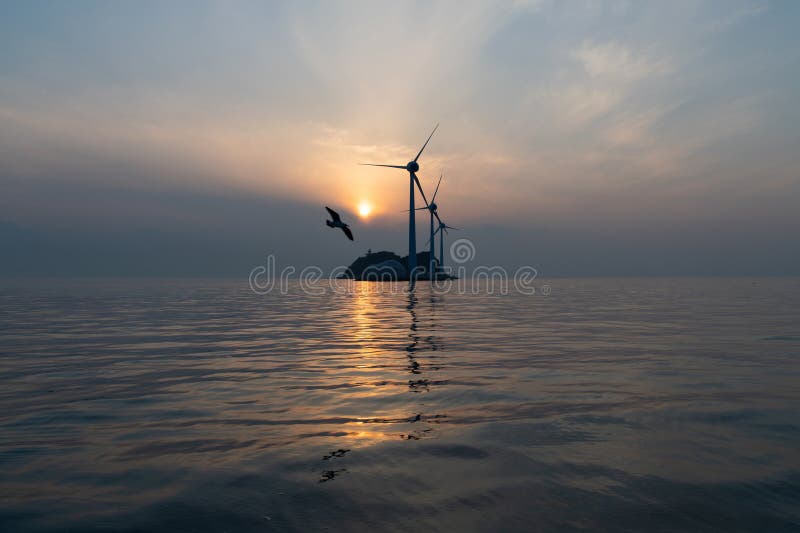 Wind Turbines and Flying Seagulls during Sunset Over the Sea Stock ...