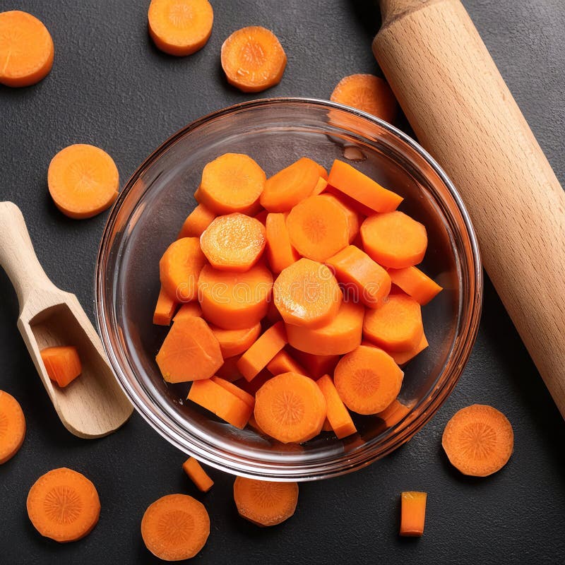 Dicing Carrots in a Glass Bowl, Top View. Carrots with Knife and Wooden ...