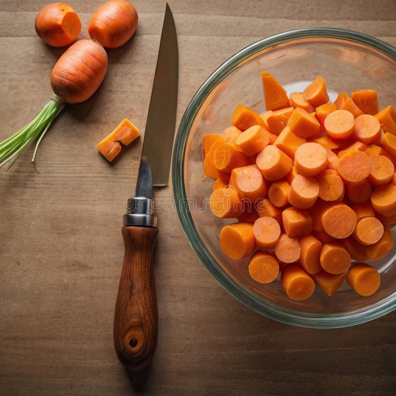 Dicing Carrots in a Glass Bowl, Top View. Carrots with Knife and Wooden ...