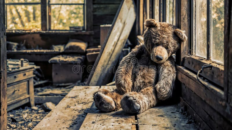 Old Tattered and Dust Covered Stuffed Brown Bear Toy Sitting Neglected ...