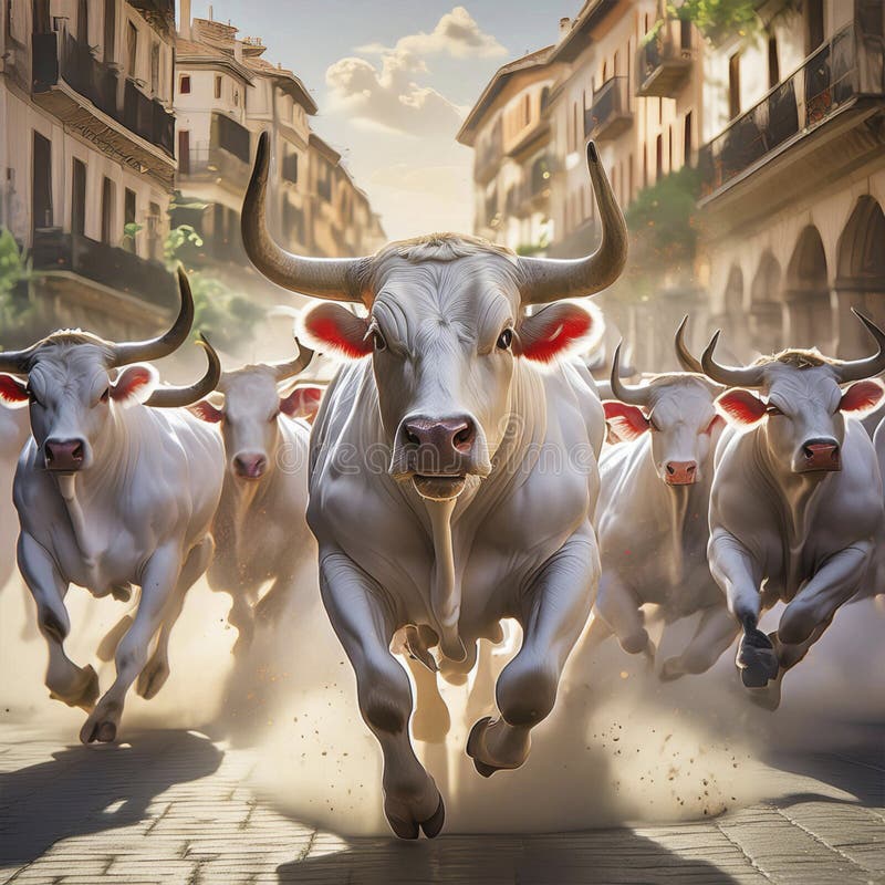 Bulls. Running of Bulls in Pamplona, Spain Stock Image - Image of bulls ...