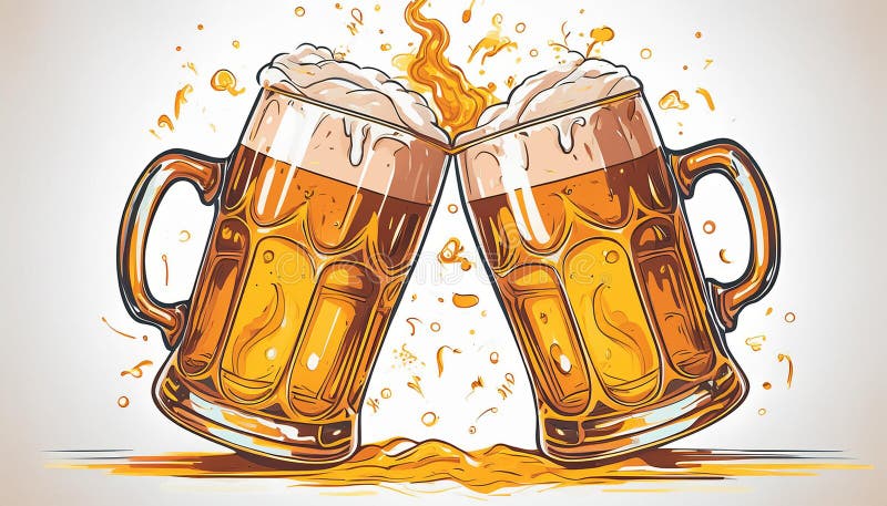 Two Toasting Beer Mugs, Cheers. Clinking Glass Tankards Full of Beer ...