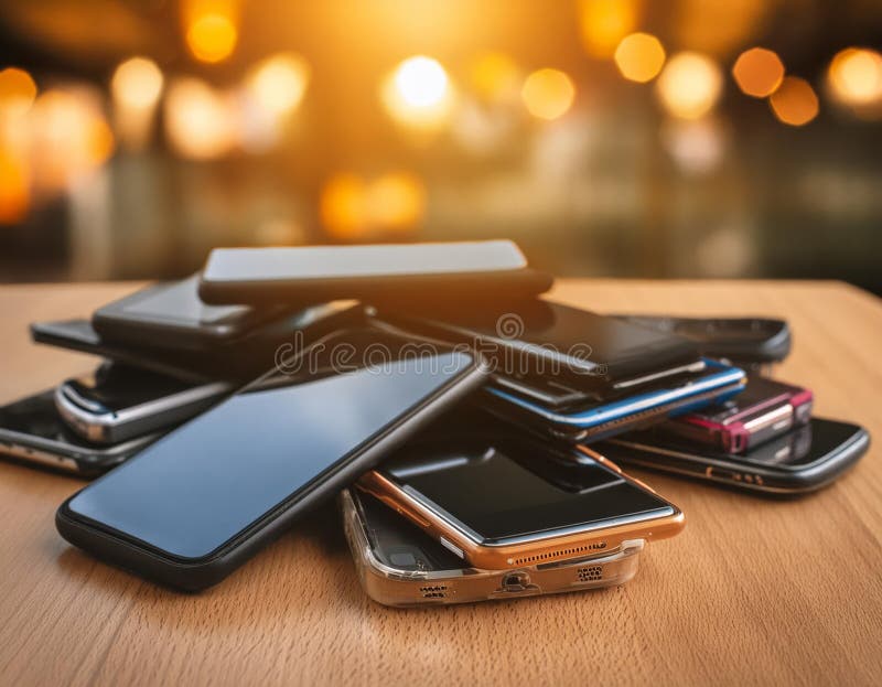 Stack of Smart Phones on Wooden Table in Coffee Shop, Stock Photo Stock ...
