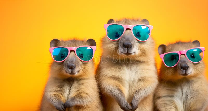 Group of Quokka Friends in Sunglass Shade Glasses Isolated on Solid ...