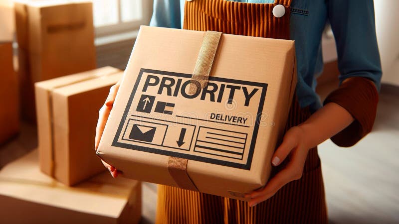 Brown Package Marked "Priority" for Urgent Delivery, Close-up ...