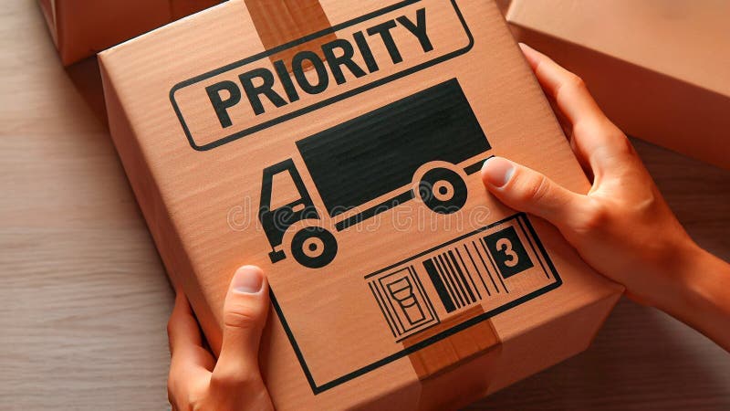 Brown Package Marked "Priority" for Urgent Delivery, Close-up ...