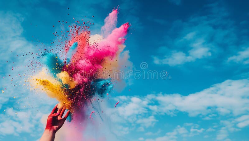 Hand Tossing Up Colorful Powder Against Blue Sky Stock Illustration ...