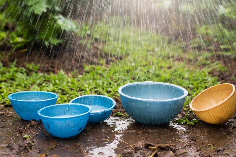 In Rainy Weather Containers Wait for Rain To Collect Water. Stock ...