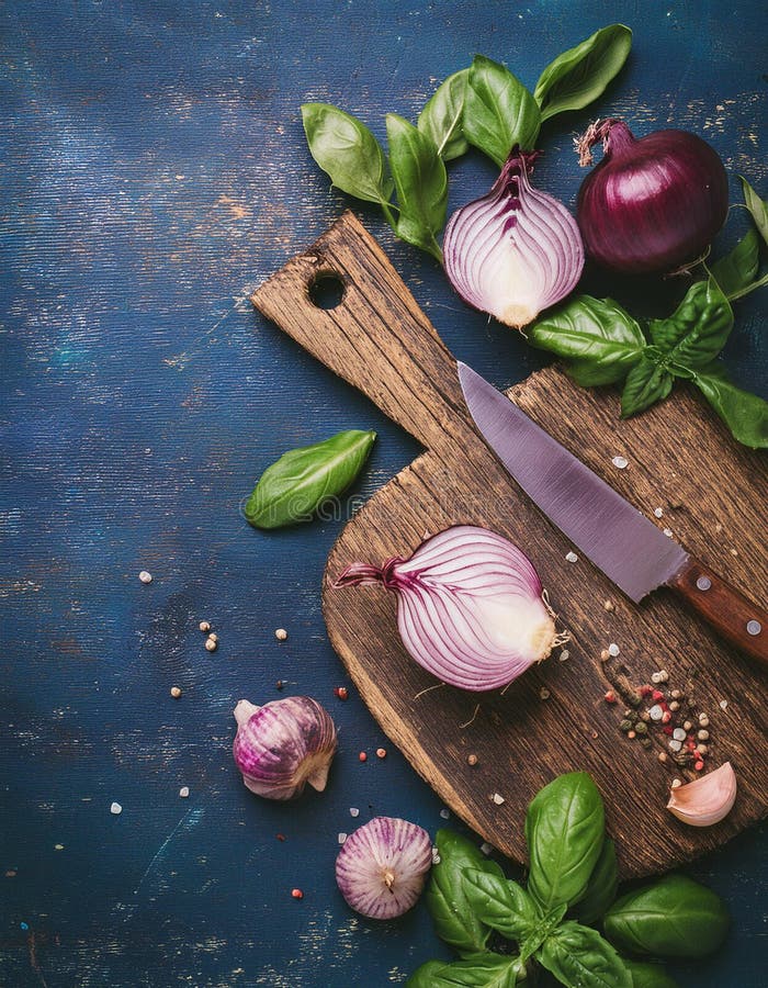 Healthy Food Cooking Background Over Grunge Dark Blue Plywood Texture ...