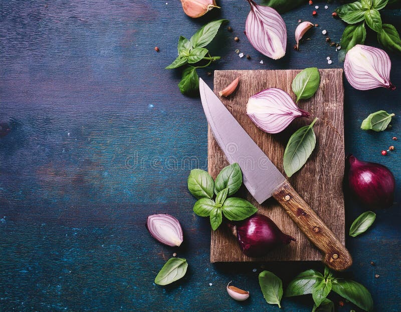 Healthy Food Cooking Background Over Grunge Dark Blue Plywood Texture ...