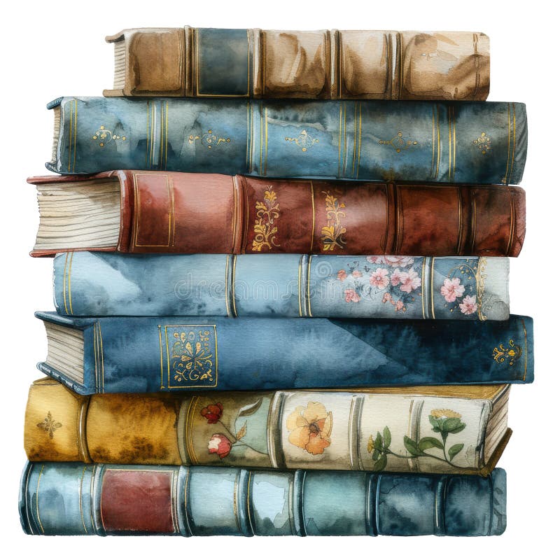 Watercolor Stack of Old Books with Wild Flowers. Vintage Old Book ...