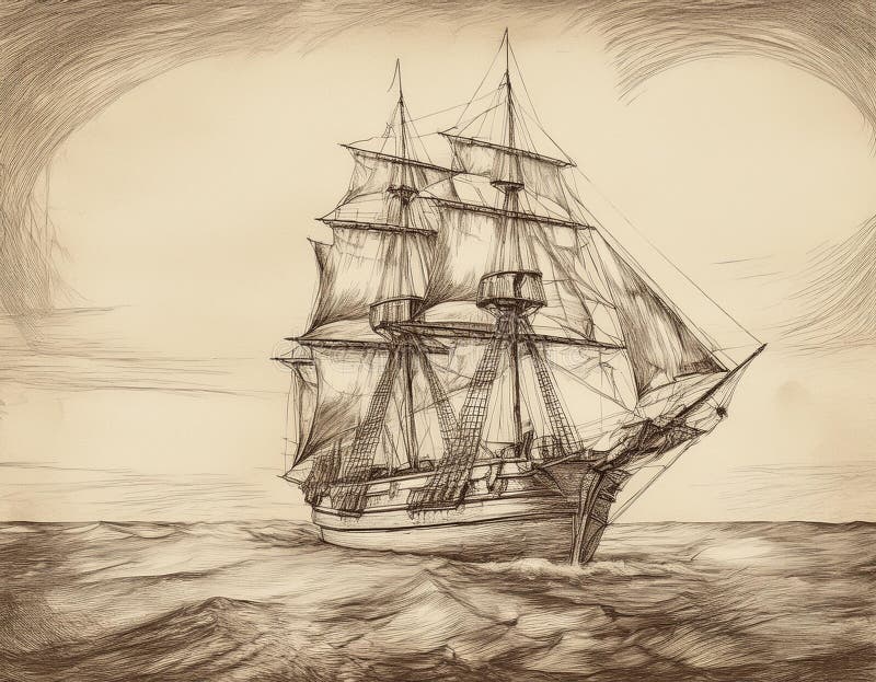 Vintage Maritime Adventure: Neo-Pop Sailing Ship Illustration Stock ...