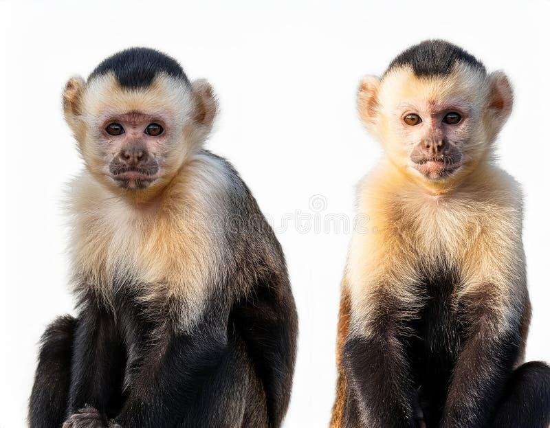 Couple of Capuchin Monkeys Looking at Camera Isolated on White ...